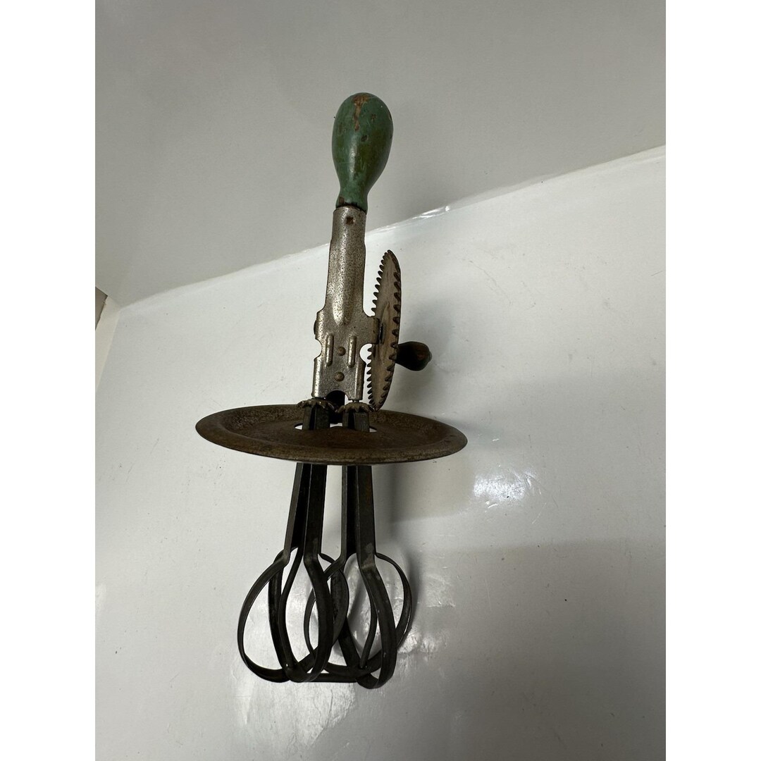 Vintage A & J Egg Beater Mixer Splash Guard With Green Wood Handle ...