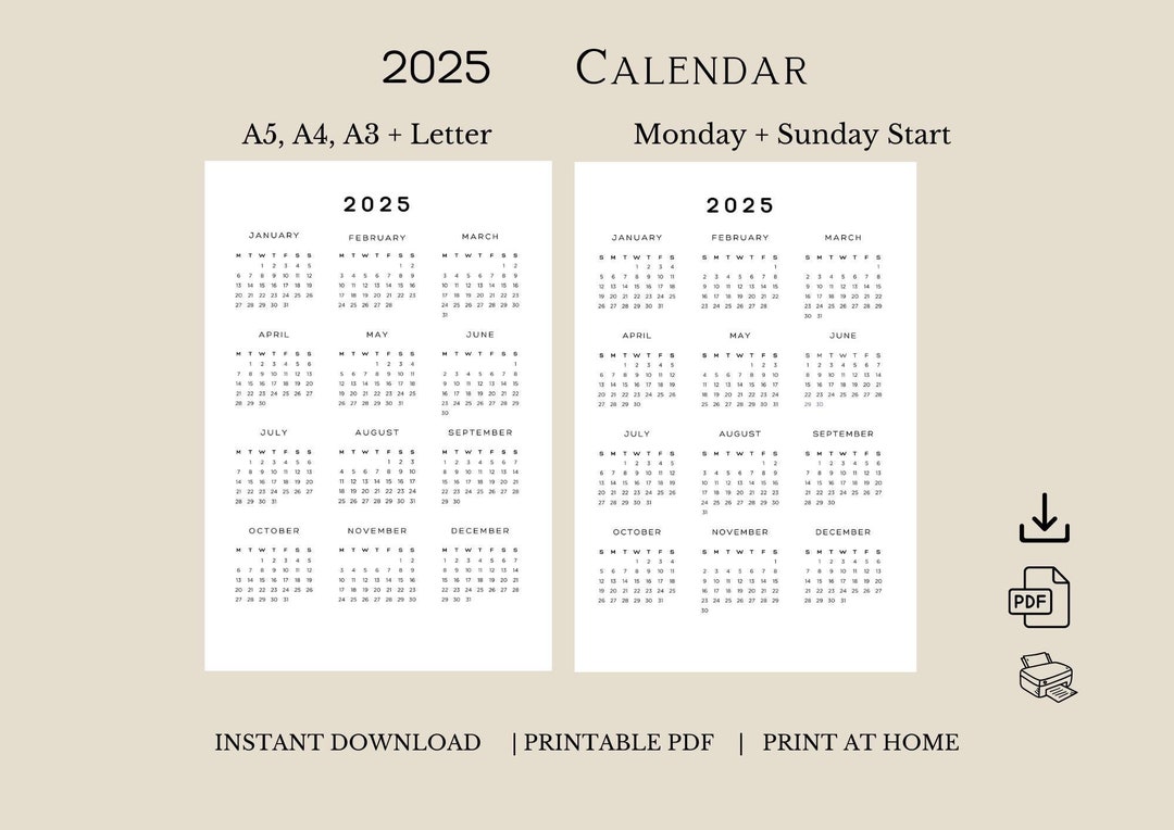 2025 Annual Calendar to Print, PDF A5, A4, A3, Letter Portrait Format ...