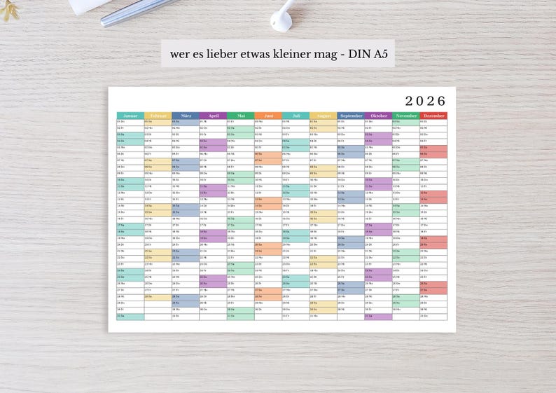 Calendrier 2026 à imprimer | Calendrier mural 2026 (A5, A4, A3, A2 ...