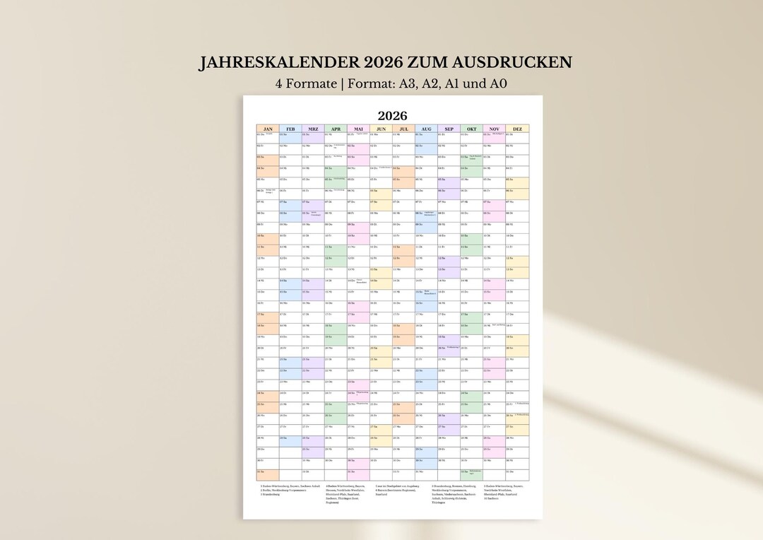 Annual Calendar 2026 to Print | Calendar 2026 Wall Calendar A3, A2, A1 ...