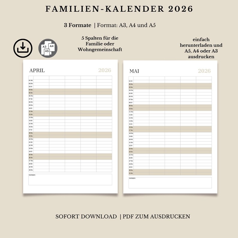 Family Planner 2026, Printable Family Calendar 2026, With 5 Columns ...