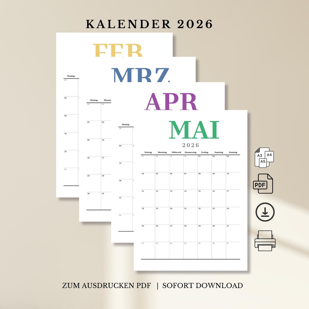 Printable 2026 Calendar – PDF Monthly Calendar for Instant Download, A3 ...