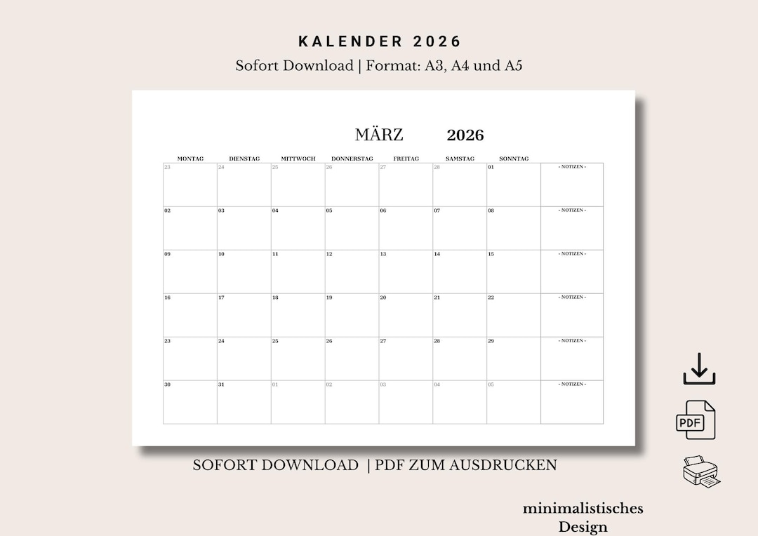 Kalender 2026, Monatsplaner 2026 zum Ausdrucken | Deutsch | PDF A5, A4 ...