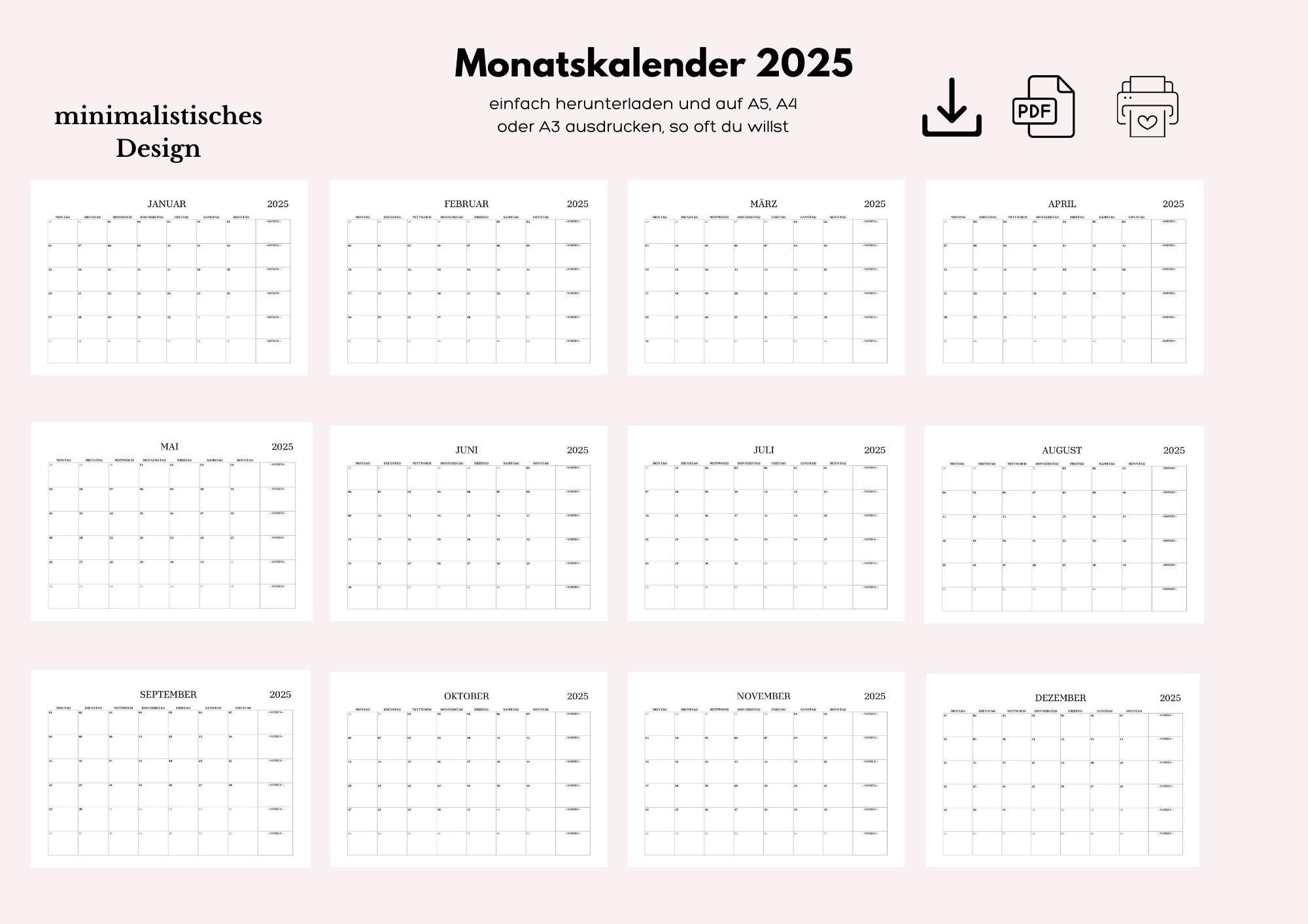 Kalender 2025 zum Ausdrucken, PDF ausfüllbar, A5, A4 und A3 Querformat ...
