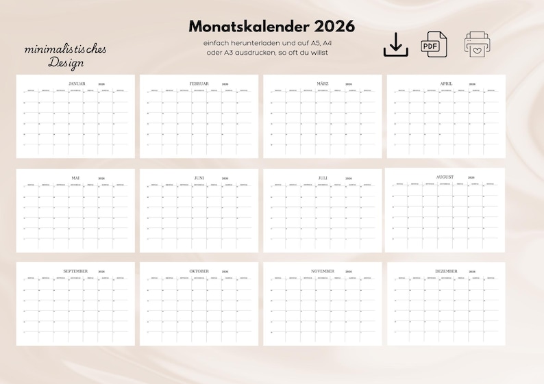 Kalender 2026 om af te drukken, invulbaar PDF, A5, A4 en A3 liggend ...