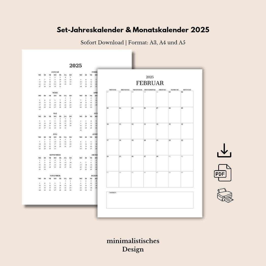 Calendar 2025 to Print, Monthly Planner 2025, German, PDF A5, A4, A3 ...