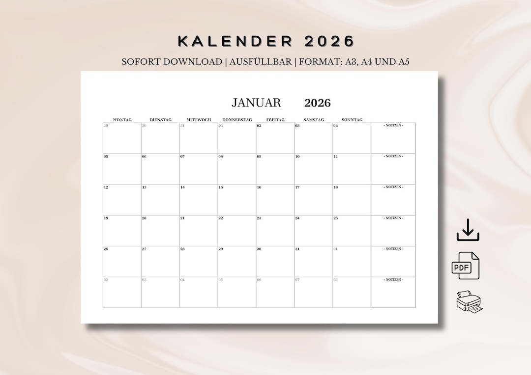 Printable 2026 Calendar, Fillable PDF, A5, A4 and A3 Landscape Format ...