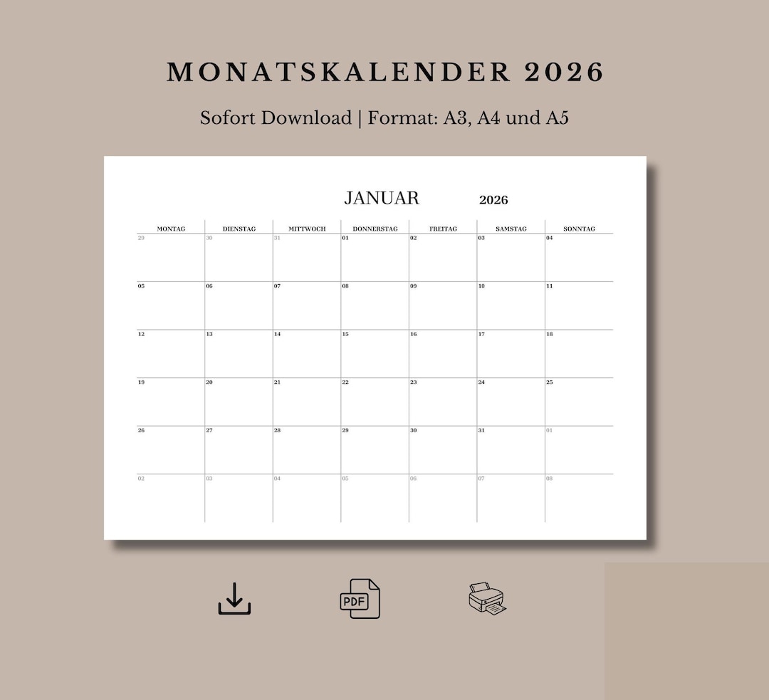 Calendar 2026 for Printing, PDF, A5, A4 and A3 Landscape Format ...