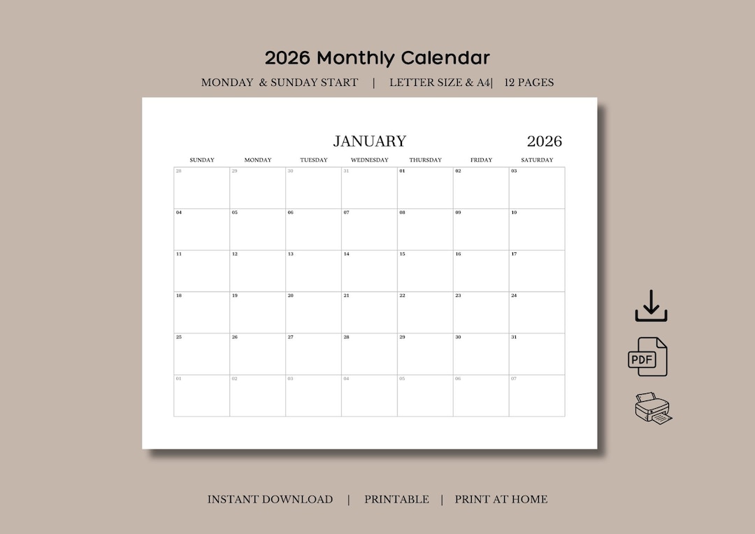 Monthly Calendar 2026 Printable Landscape Format 2026 Monthly Planner ...