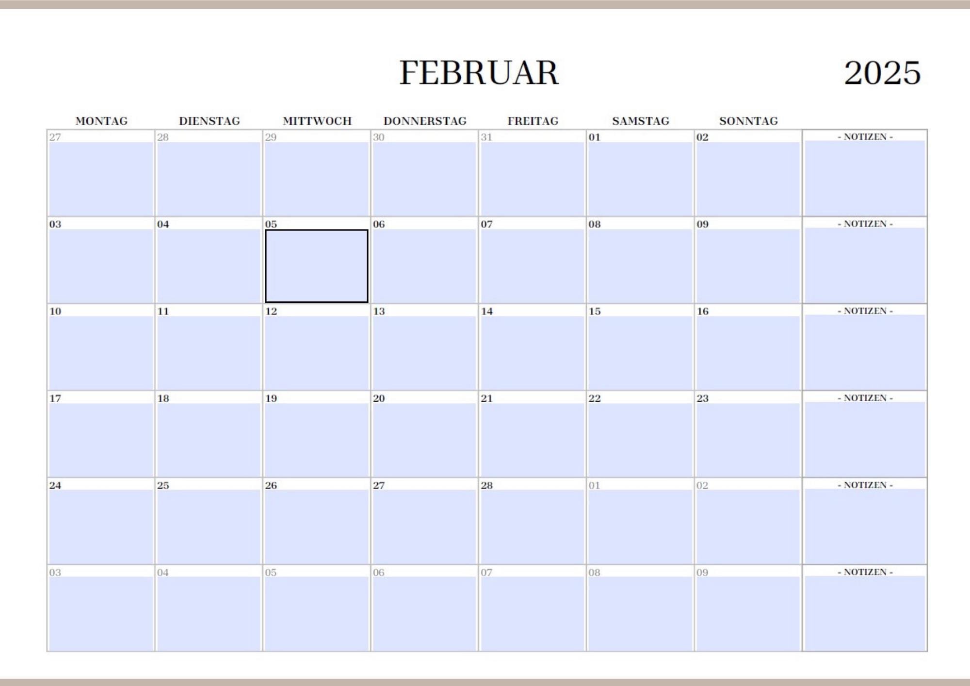 Kalender 2025 zum Ausdrucken, PDF ausfüllbar, A5, A4 und A3 Querformat ...