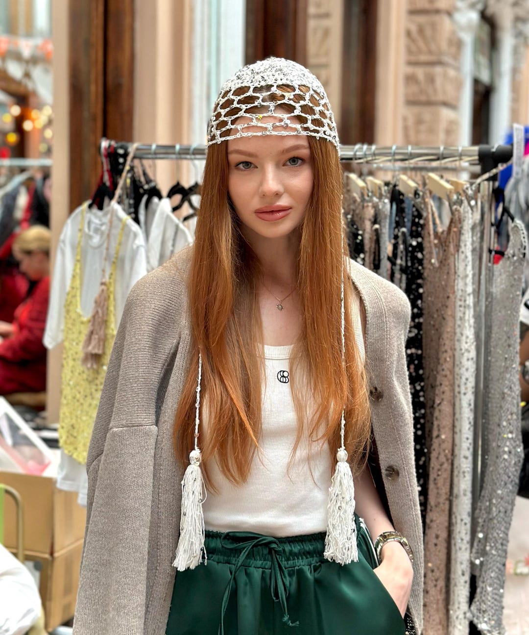 Party Sequin Beanie Crochet White Mesh Hat With Silver Sequins, Netted ...