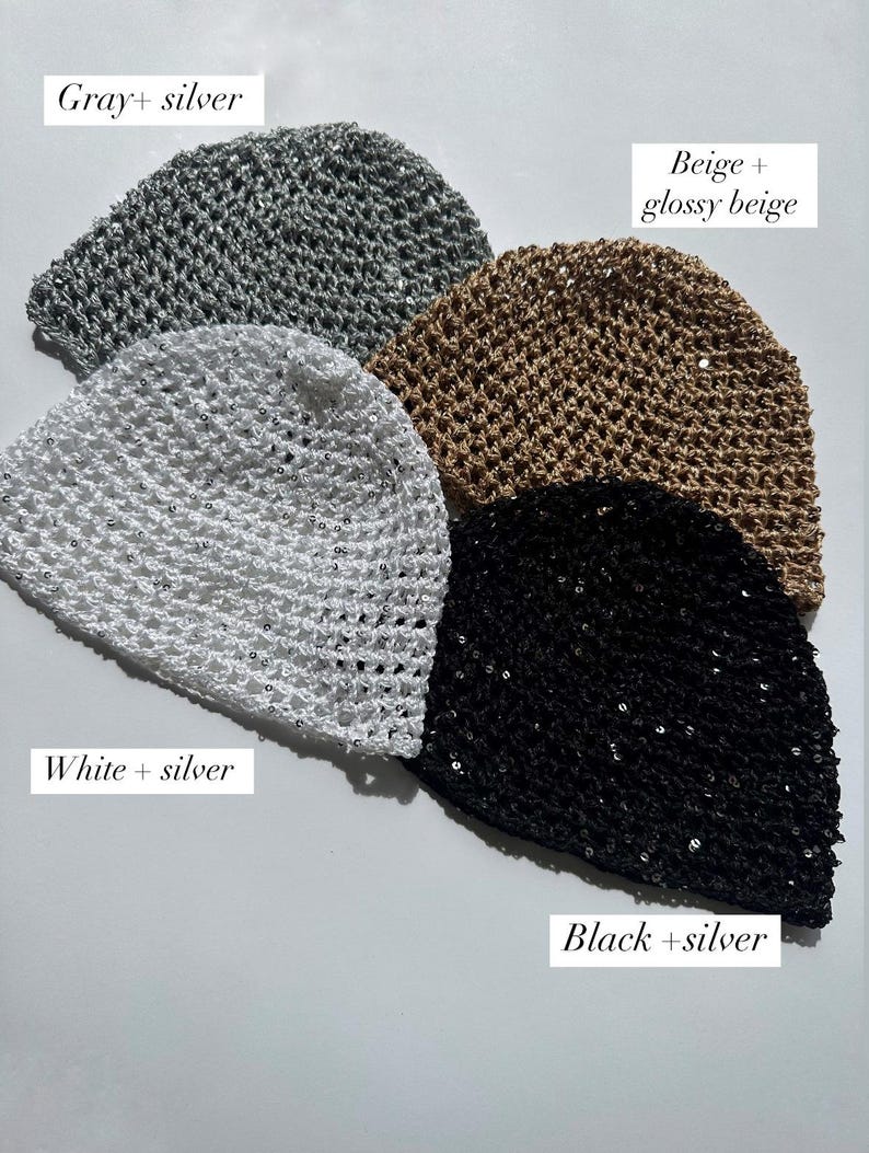 Summer Sequin Beanie, Crochet Beige Mesh Beanie Hat With Sequins ...