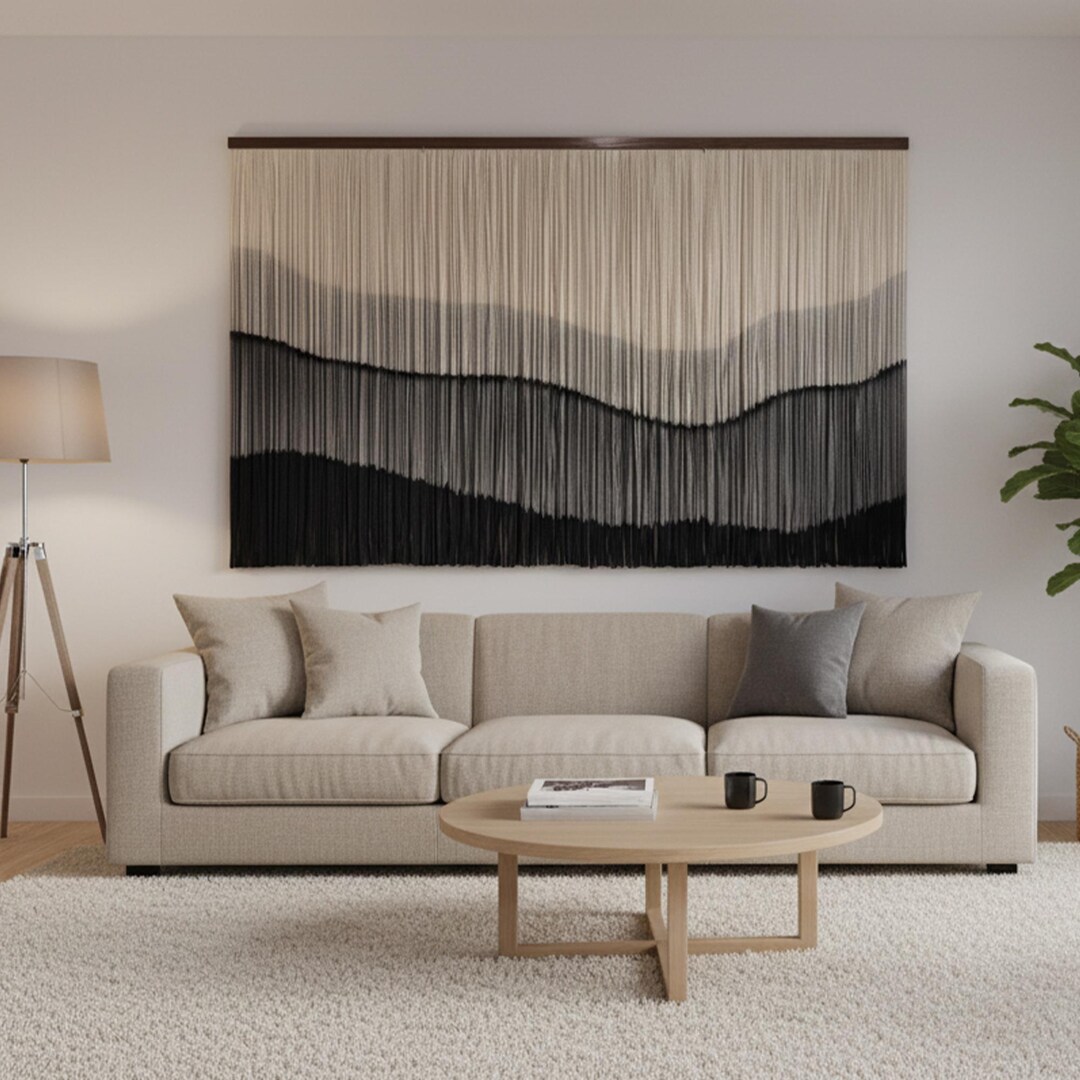Large Modern Fiber Art Tapestry: Black White Macrame Wall Hanging ...
