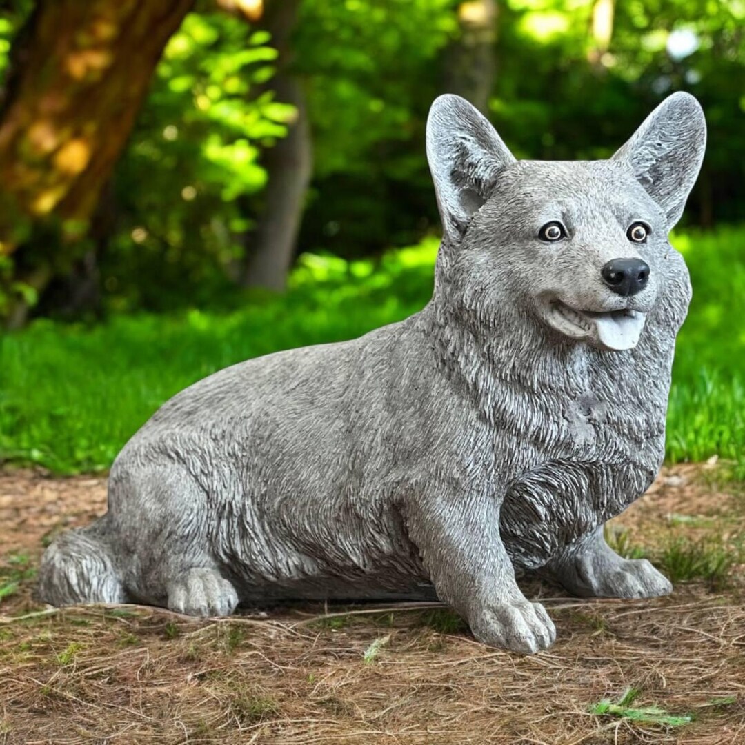 Stone Corgi Sculpture / Lawn Dog Ornament / Outside Pet Decor ...