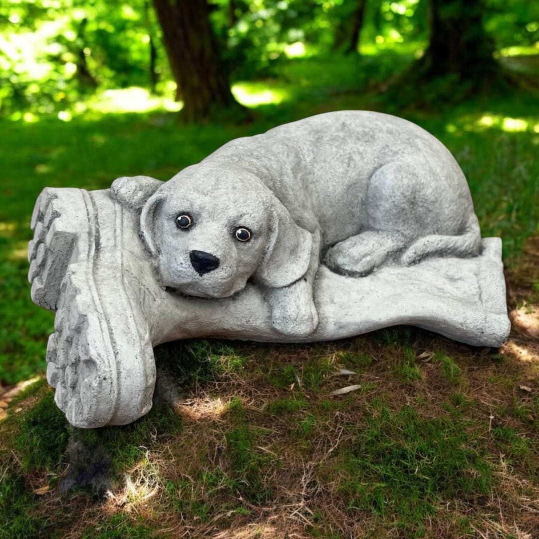 Dog on Boot Statue / Garden Puppy Ornament / Yard Dog Idea / Concrete ...