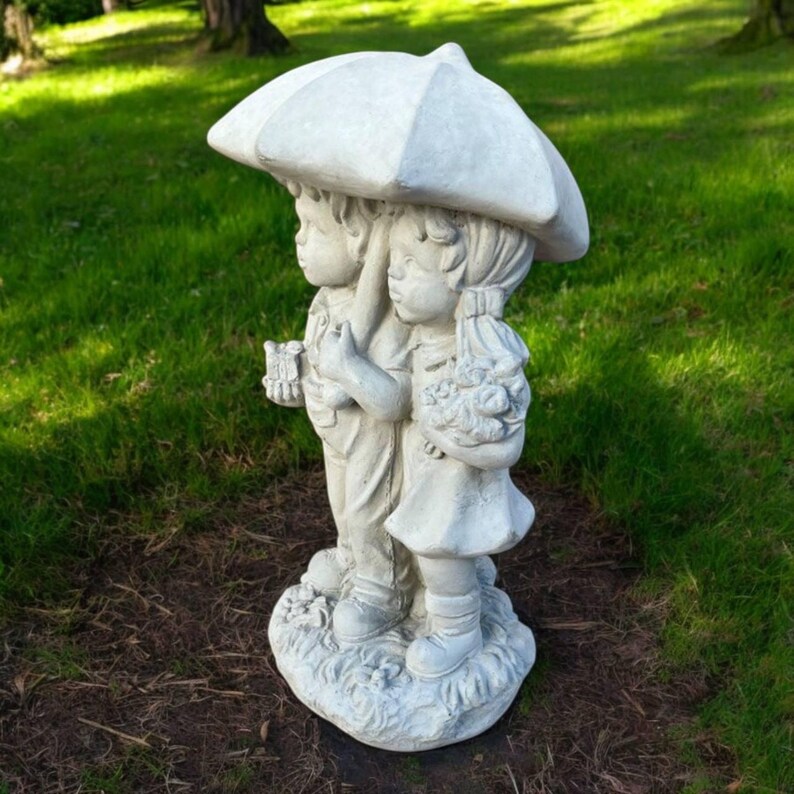Kids With Umbrella Statue \ Lawn Children Sculpture \ Boy Girl Decor ...