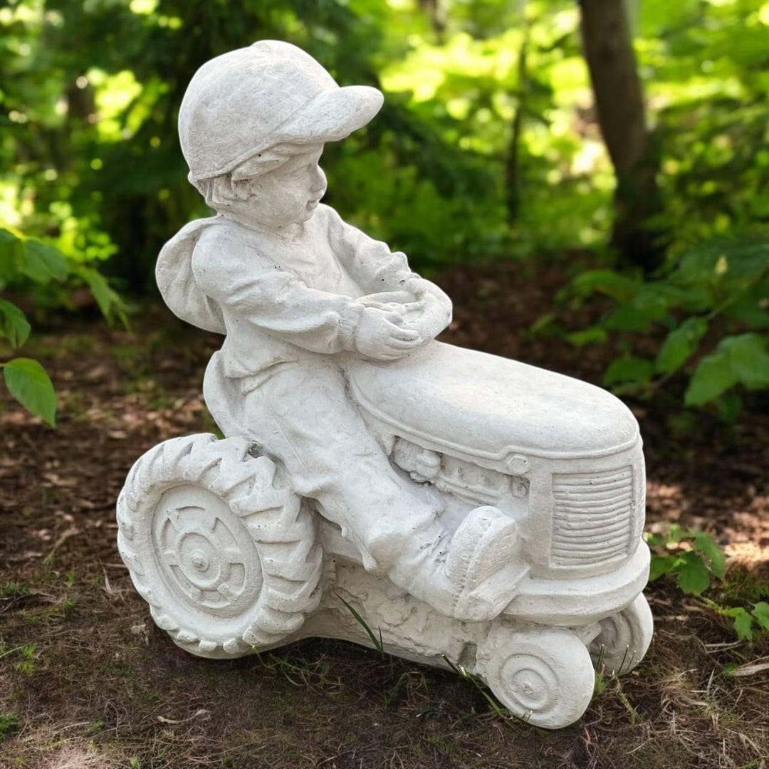 Boy on Tractor Statue / Lawn Kid Sculpture / Concrete Child Art ...