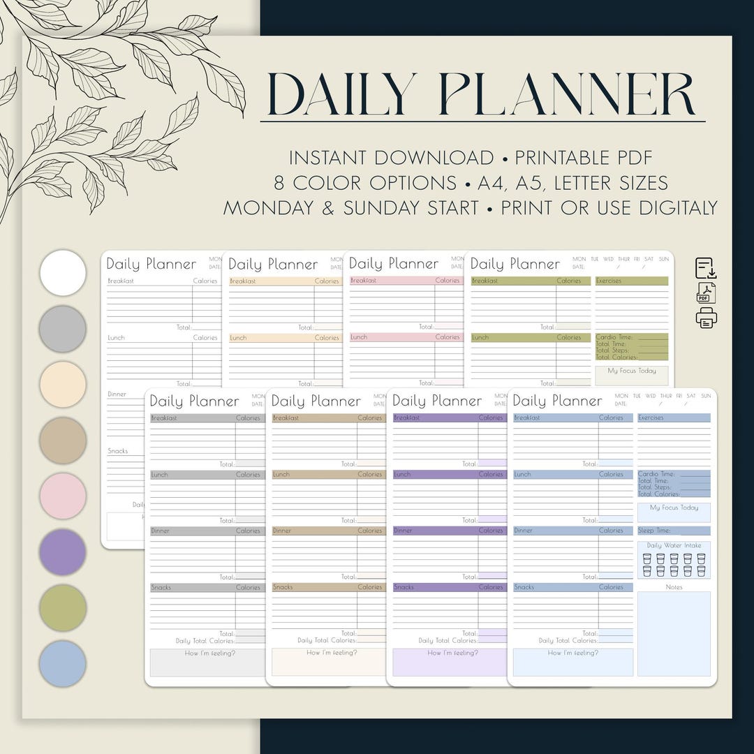 Daily Printable Planner – Food Journal & Calorie Tracker (PDF, A4, A5 ...