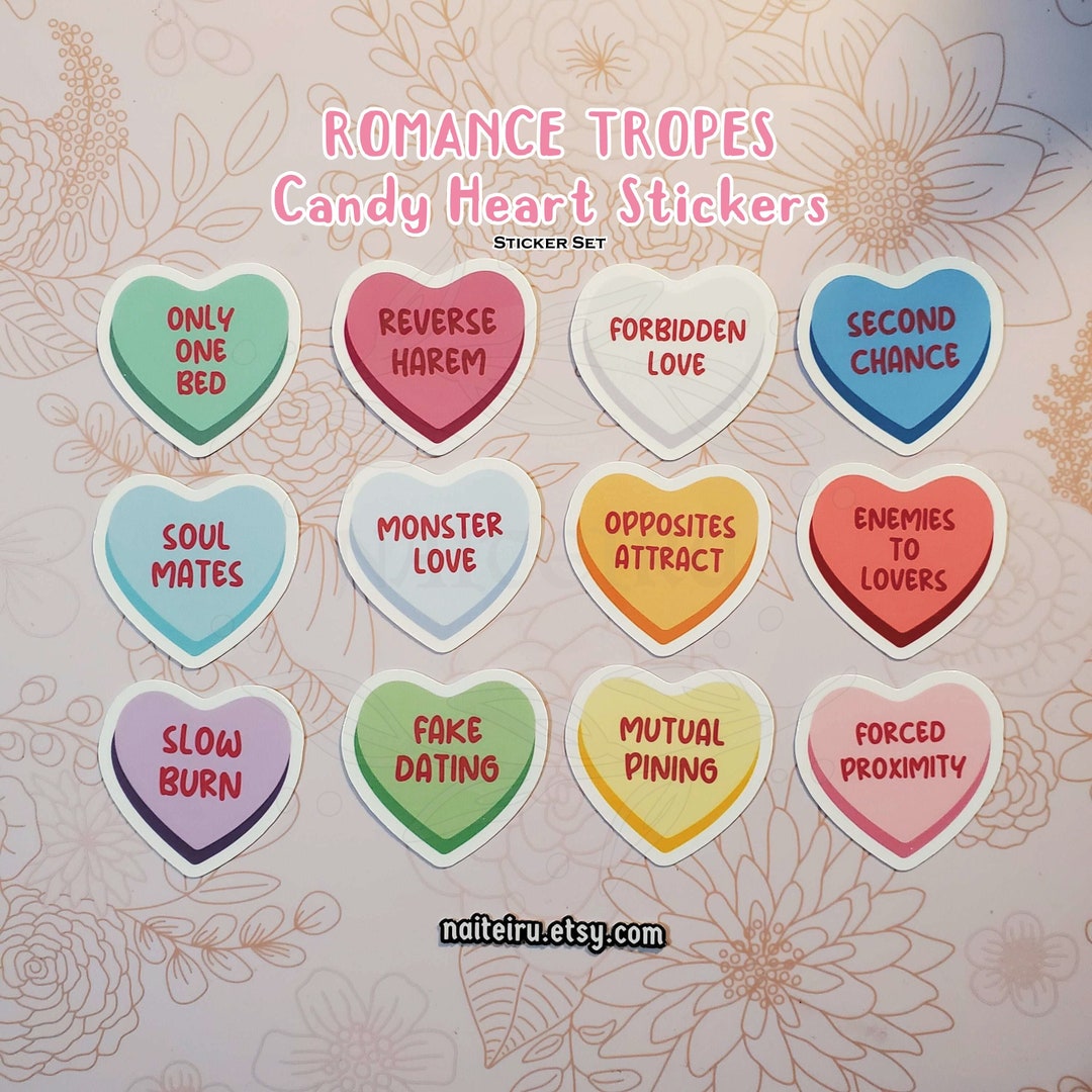 Romance Tropes Candy Heart Vinyl Sticker Pack | Valentines Heart ...