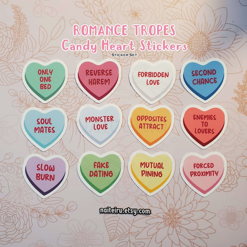 Romance Tropes Candy Heart Vinyl Sticker Pack | Valentines Heart ...