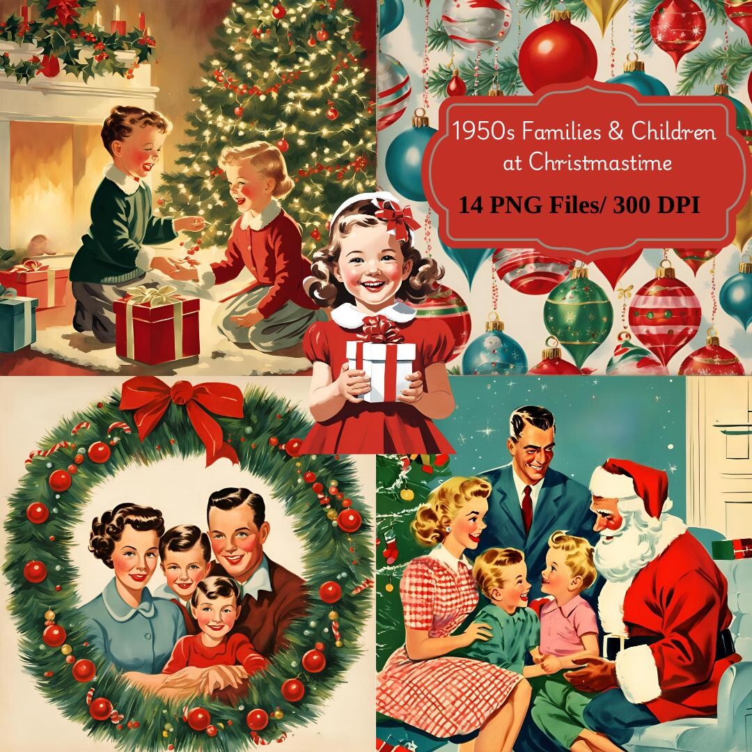 1950s Christmas Clipart Set | Families & Children | 300 DPI, 14 Pngs ...