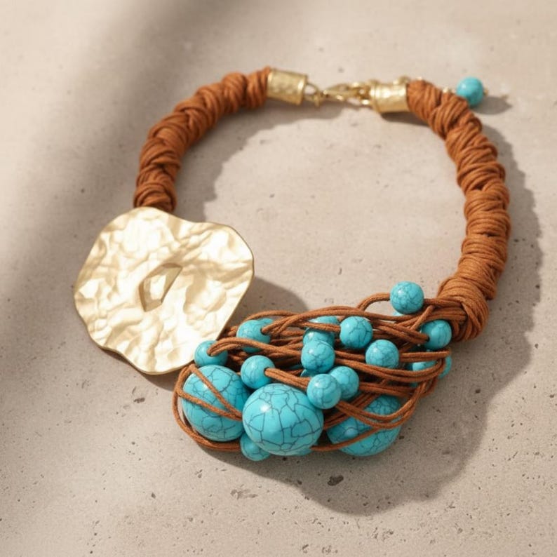 Turquoise Beads Statement Necklace With Gold Geometry Pendant Handmade ...