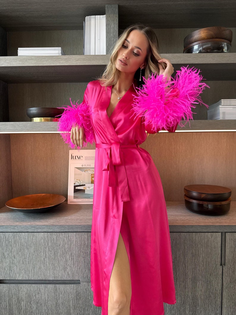 100% Mulberry Silk Robe With Ostrich Feathers, Bridesmaid Robe, Wedding ...