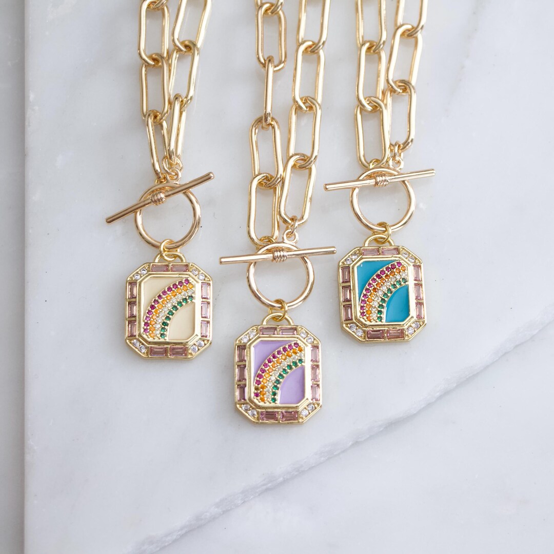 CZ and Enamel Rainbow Paperclip Toggle Necklace - Etsy