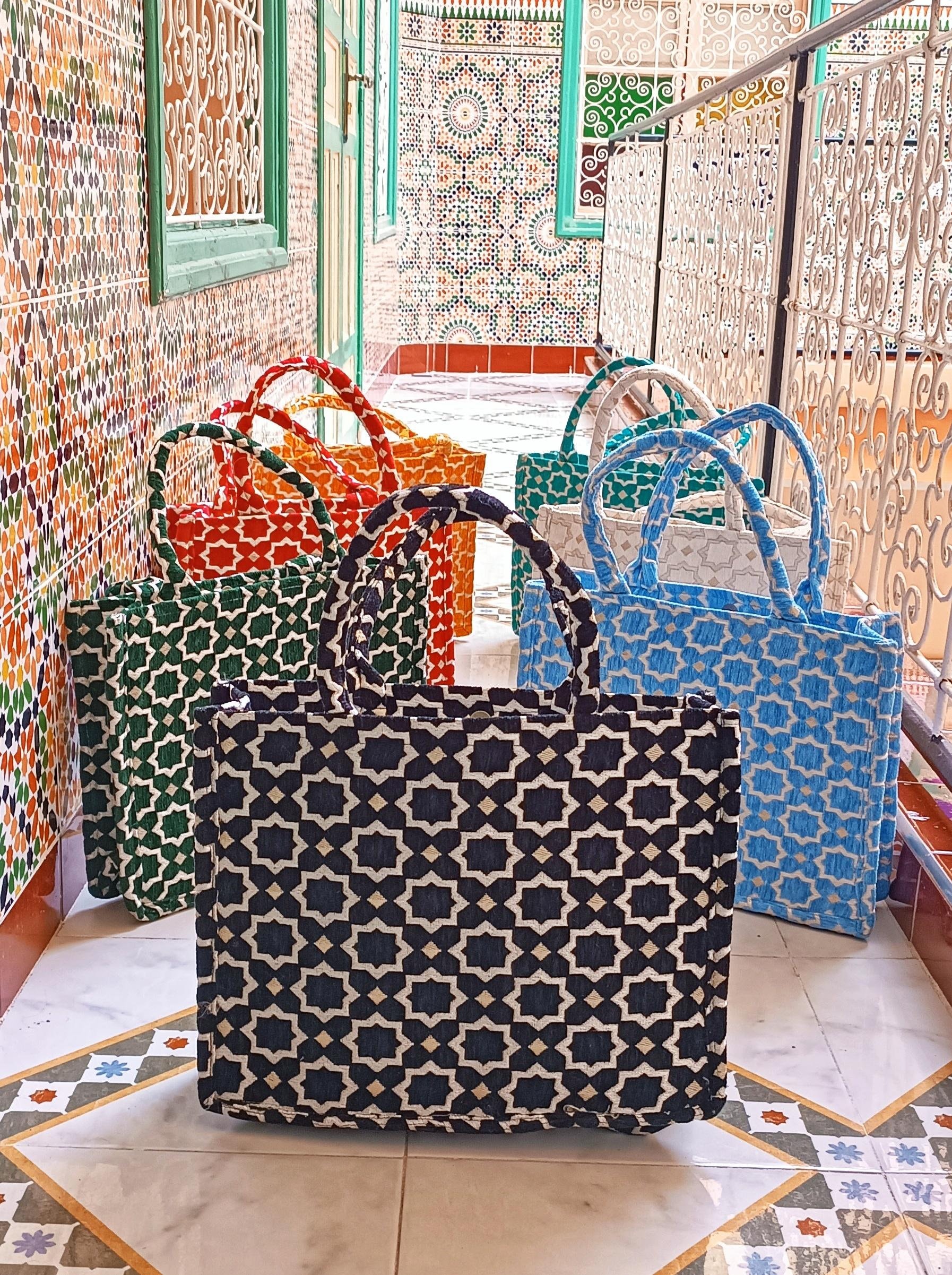 Handmade Moroccan Tote Bag With Zellij Tile Design, Large Durable Tote ...