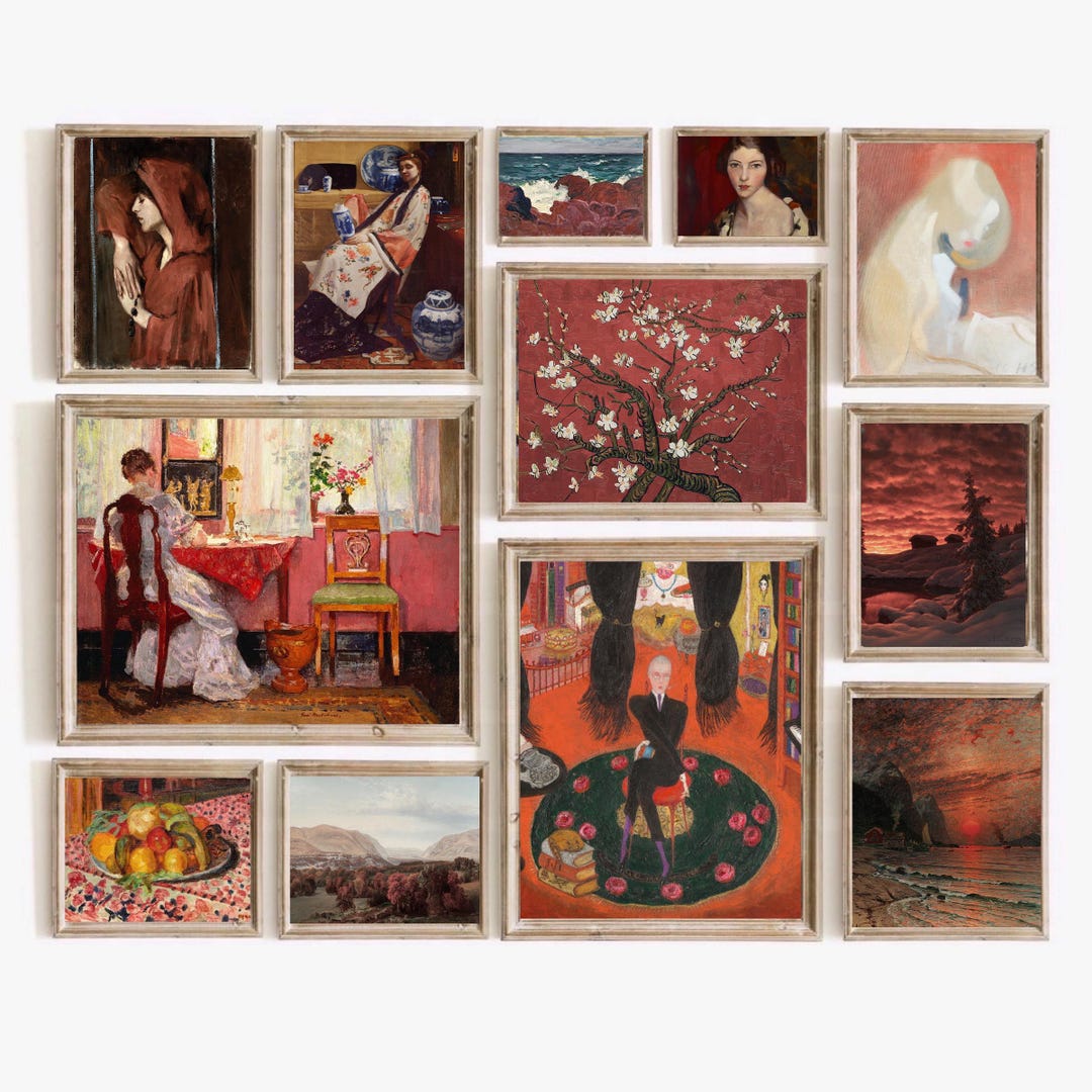 Vintage Gallery Wall Art Set: Surreal Portrait, Floral & Landscape ...
