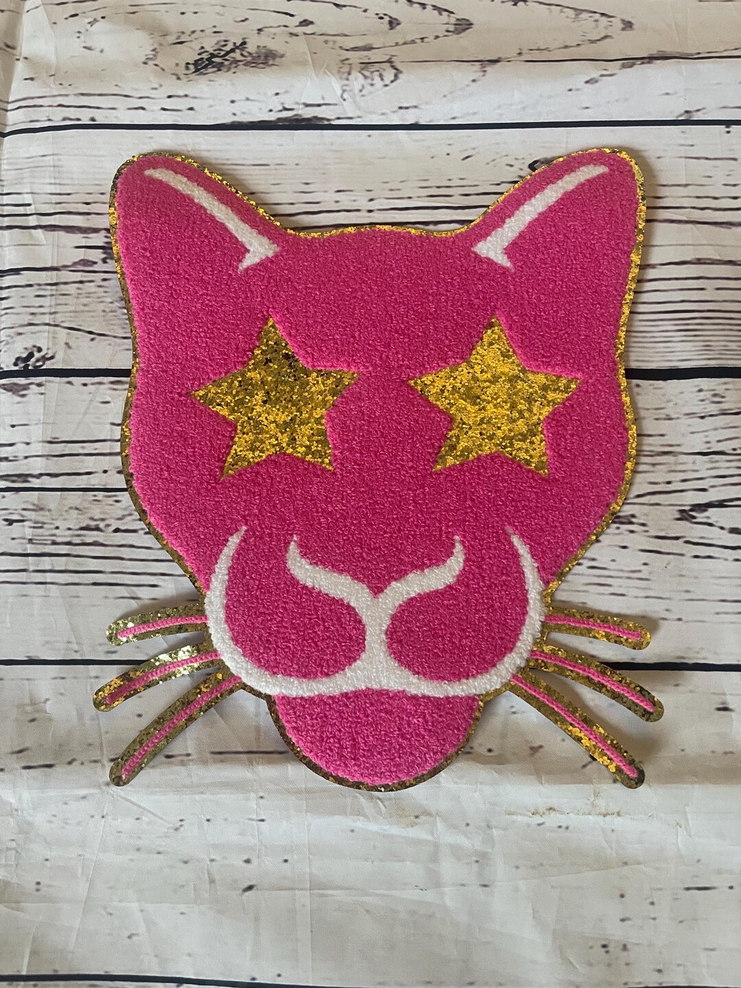 Pink Big Cat With Gold Glitter Star Eyes Chenille Iron on Patch - Etsy