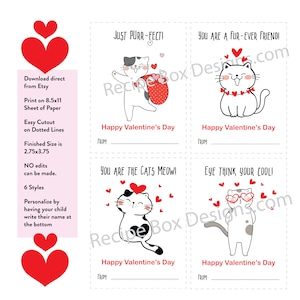 Printable Cat Valentine's Day Cards, Classroom Valentine's Day Favor ...
