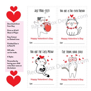 Printable Cat Valentine's Day Cards, Classroom Valentine's Day Favor ...