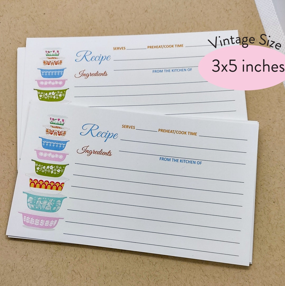 Printed Pyrex Recipe Cards, 3x5 Recipe Cards, Bridal Kitchen Shower ...