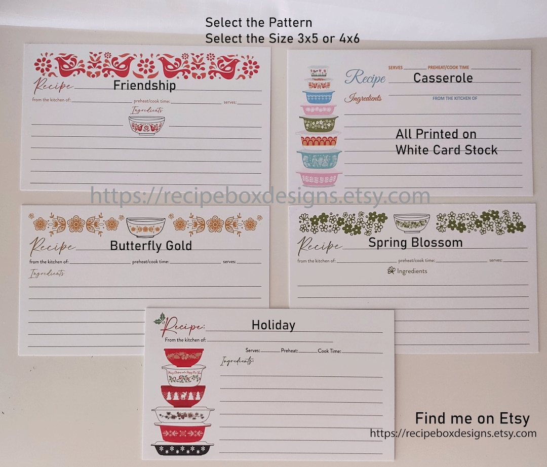 Printed Pyrex Recipe Cards, 3x5 Recipe Cards, Bridal Kitchen Shower ...