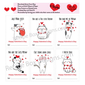 Printable Cat Valentine's Day Cards, Classroom Valentine's Day Favor ...