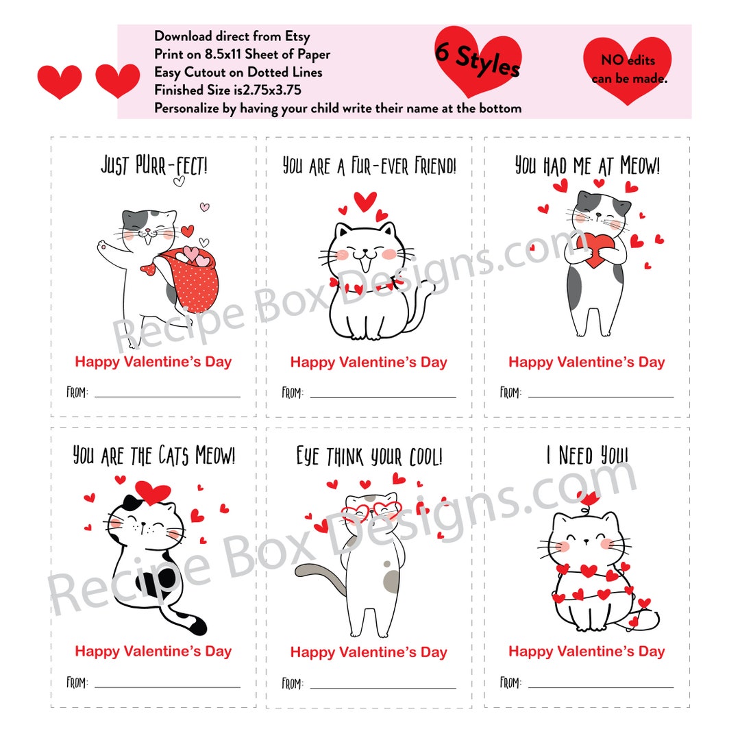Printable Cat Valentine's Day Cards, Classroom Valentine's Day Favor ...