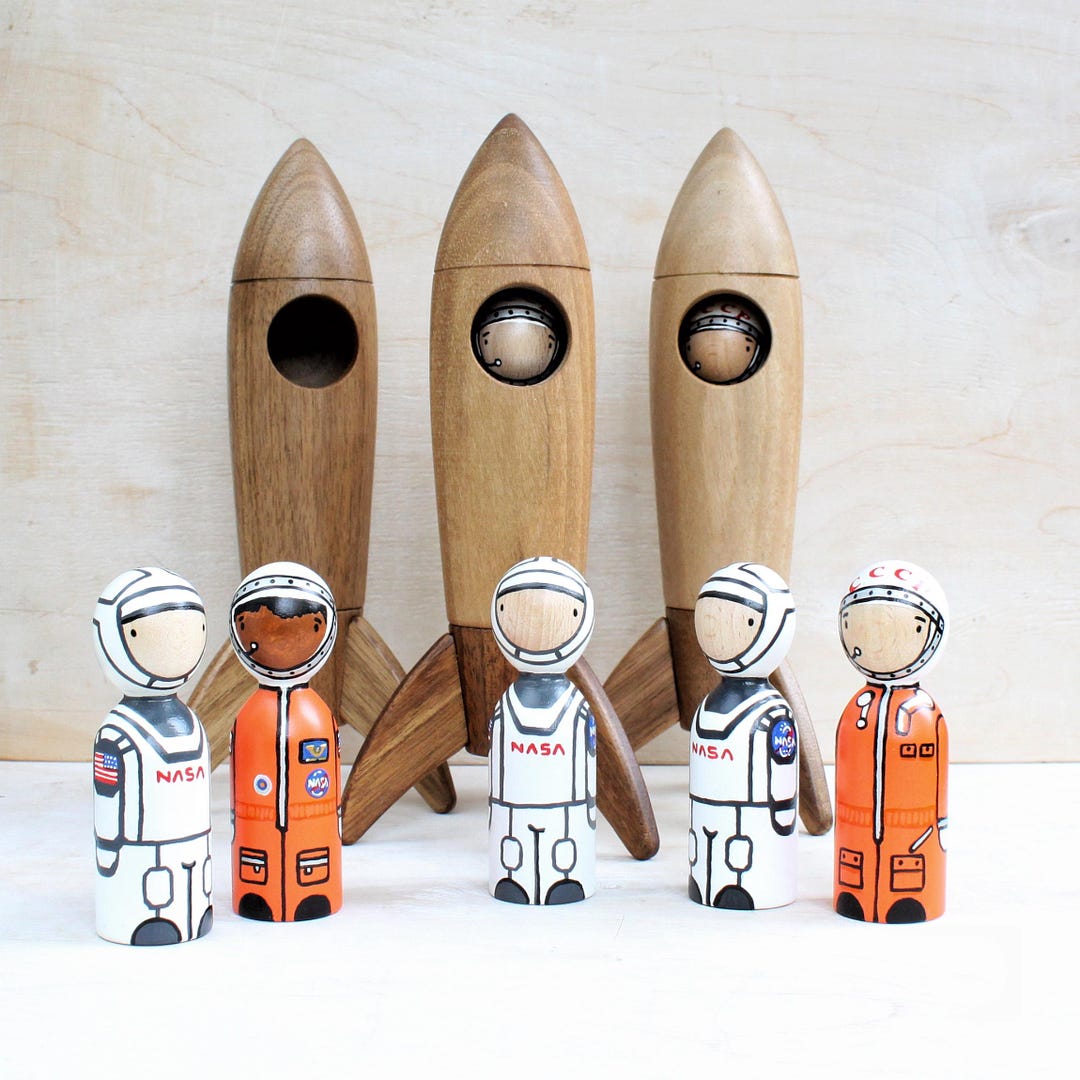 Wood Rocket Space Rocket Walnut Wood Rocket Ship Toy Astronaut Peg Doll ...