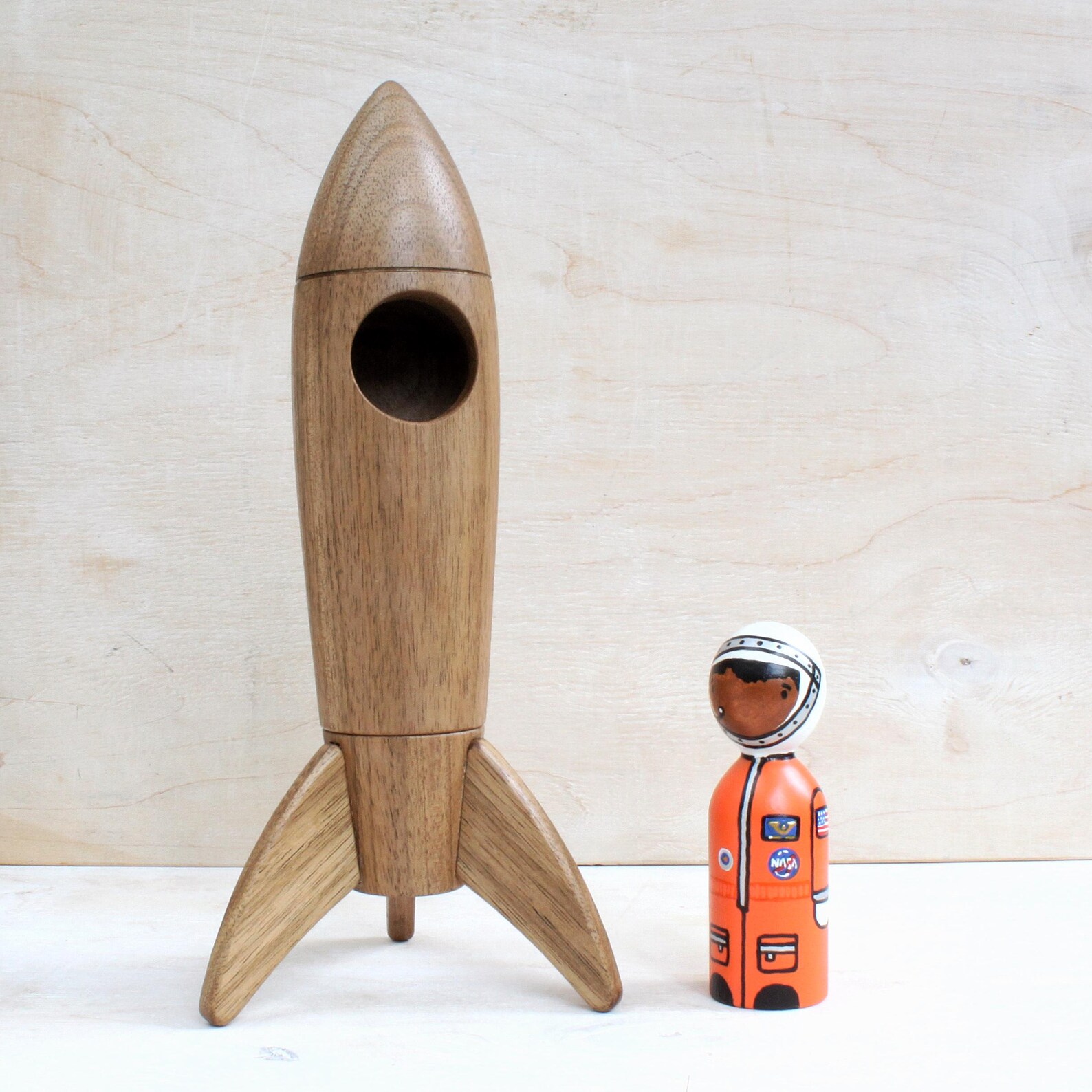 Wood Rocket Space Rocket Walnut Wood Rocket Ship Toy Astronaut Peg Doll ...