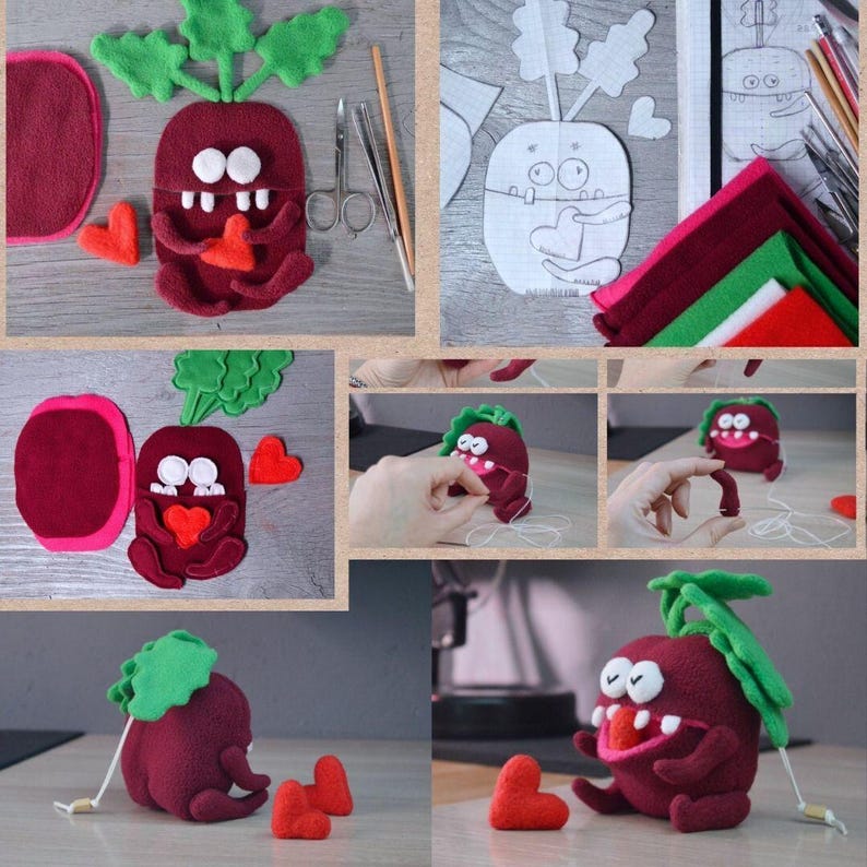 Beet Monster Sewing Pattern PDF. Veggie Plush Toy With Pocket Mouth ...