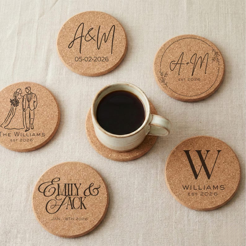 Personalized Engraved Cork Coasters, Wedding Favors, Rustic ...