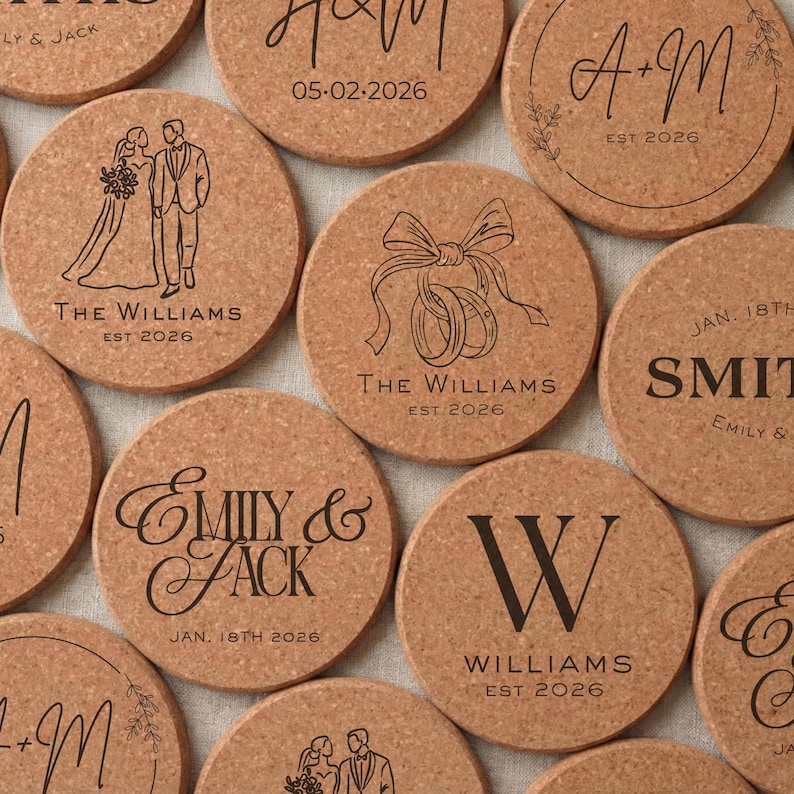 Personalized Engraved Cork Coasters, Wedding Favors, Rustic ...