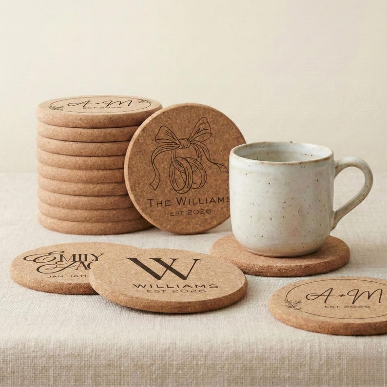 Personalized Engraved Cork Coasters, Wedding Favors, Rustic ...
