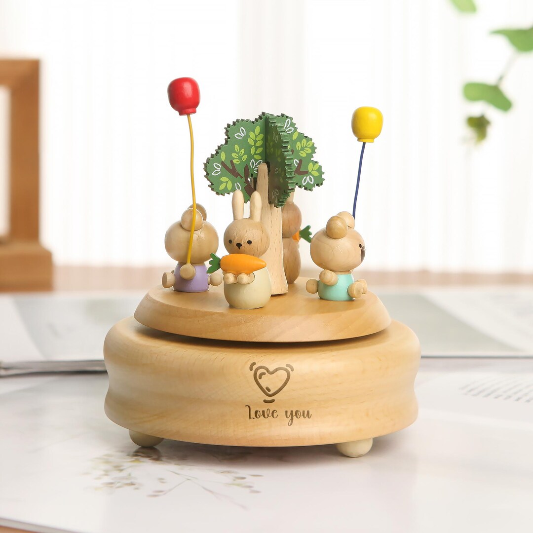 Birthday Custom Wooden Bunny & Bear Music Box - Engraved Wooden Music ...