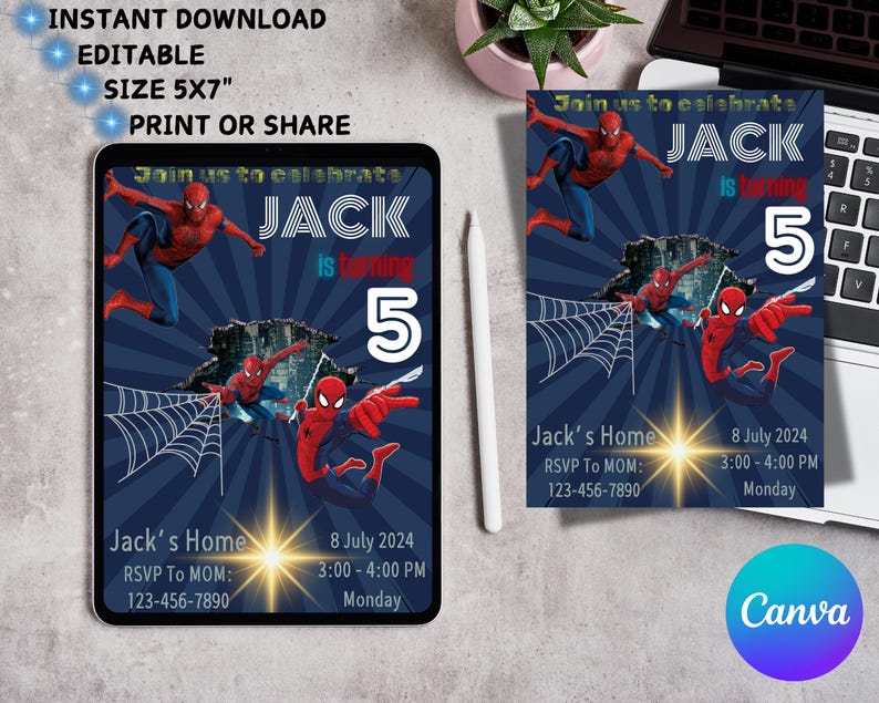 Editable Digital Spiderman Birthday Invitation Template Customizable ...
