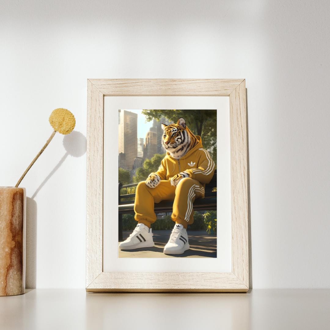 Tiger in Yellow Adidas Tracksuit Wall Art Print | Urban Jungle Poster ...