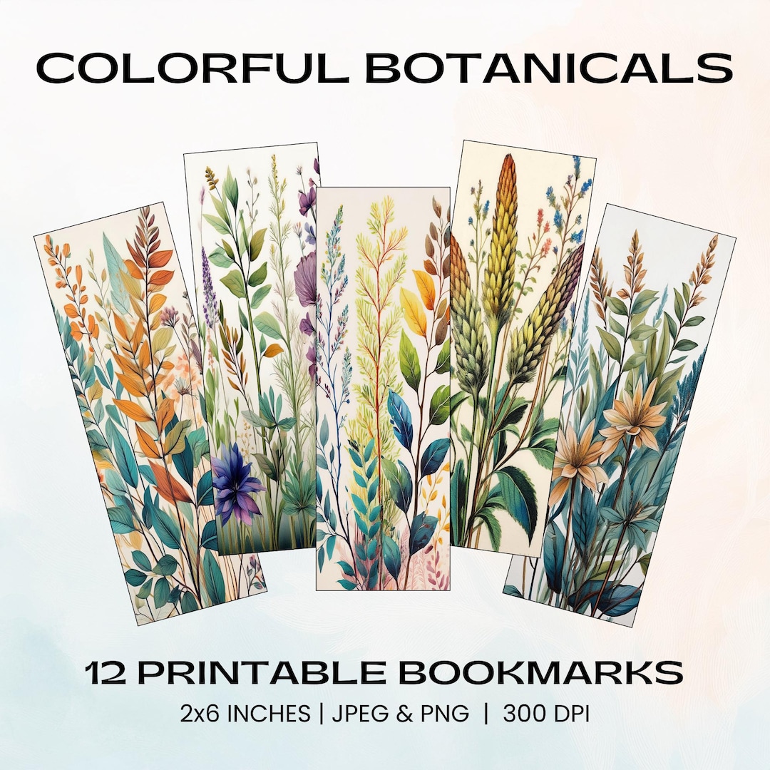 12 Colorful Botanical Printable Bookmarks | Digital Bookmarks | JPEG ...