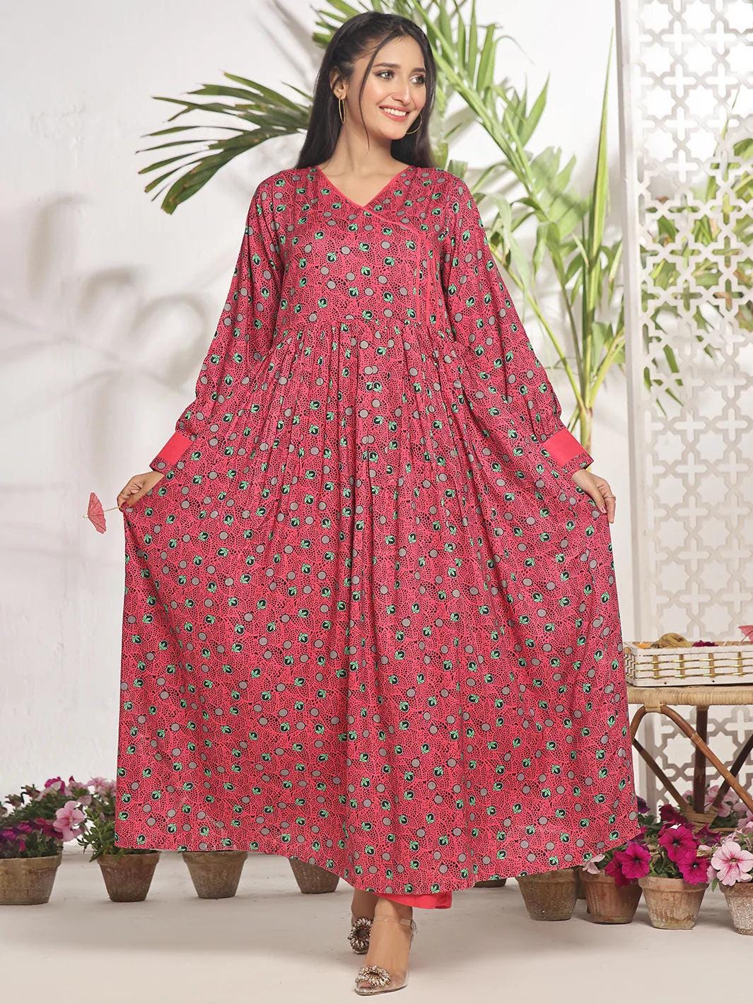 Printed| Cambric| 1-pc| Linen| Designer Dress| Pink| Long Dress| Ready ...