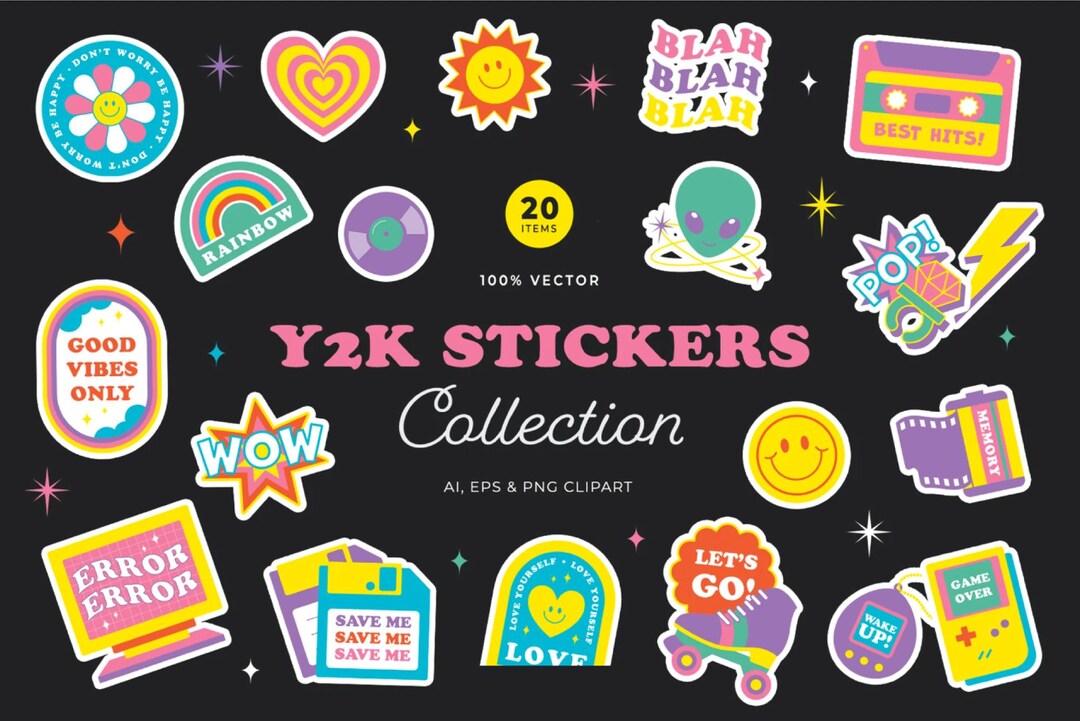 20 Y2k Illustration Stickers Png, Y2k Png, Png Bundle Futuristic Line ...