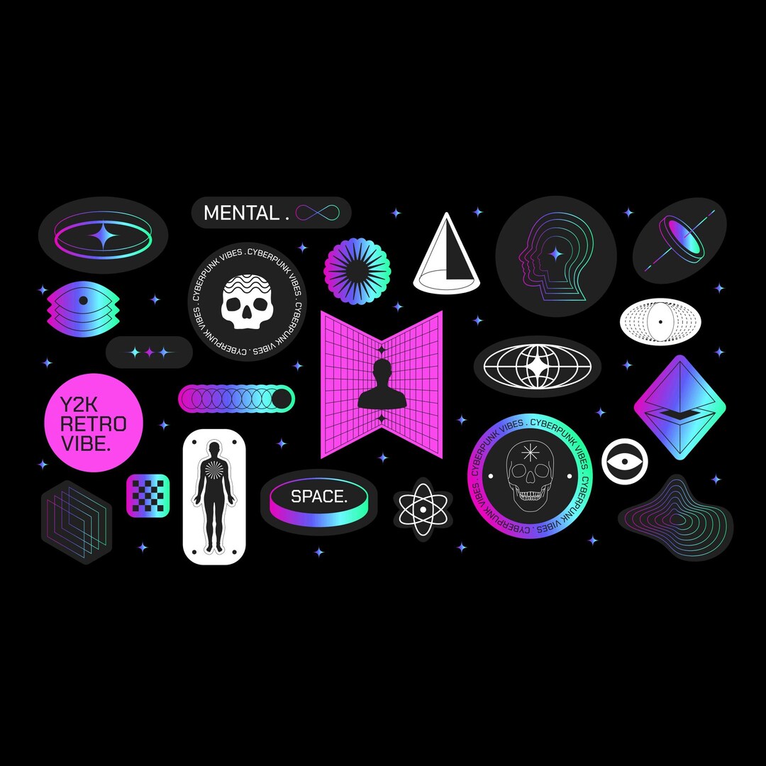23 Y2k Hologram Badge Stickers Svg, Y2k Svg, Svg Bundle Futuristic Line ...